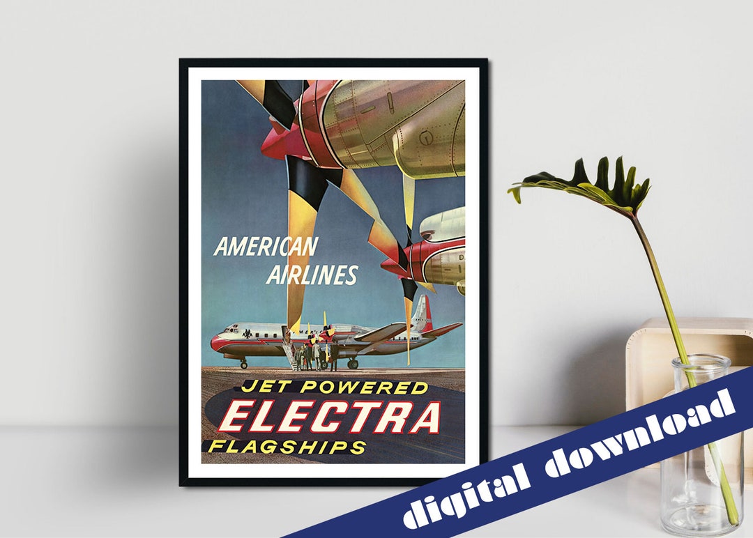 AMERICAN AIRLINES Jet Powered Electra Flagship Vintage Travel Poster ...