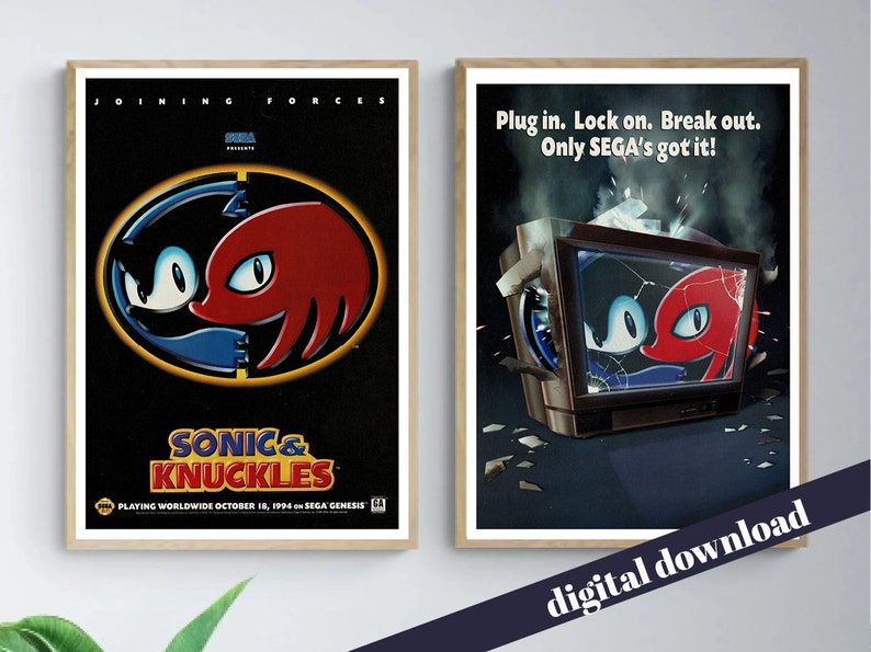 Pair 90s Sonic & Knuckles SEGA Video Game Advert Poster - Digital ...