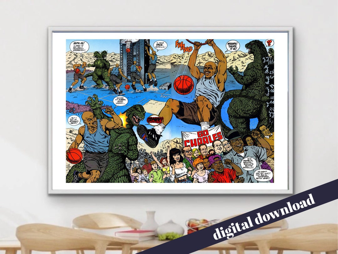 Godzilla Vs Charles Barkley 1993 Retro Comic Illustration Poster ...