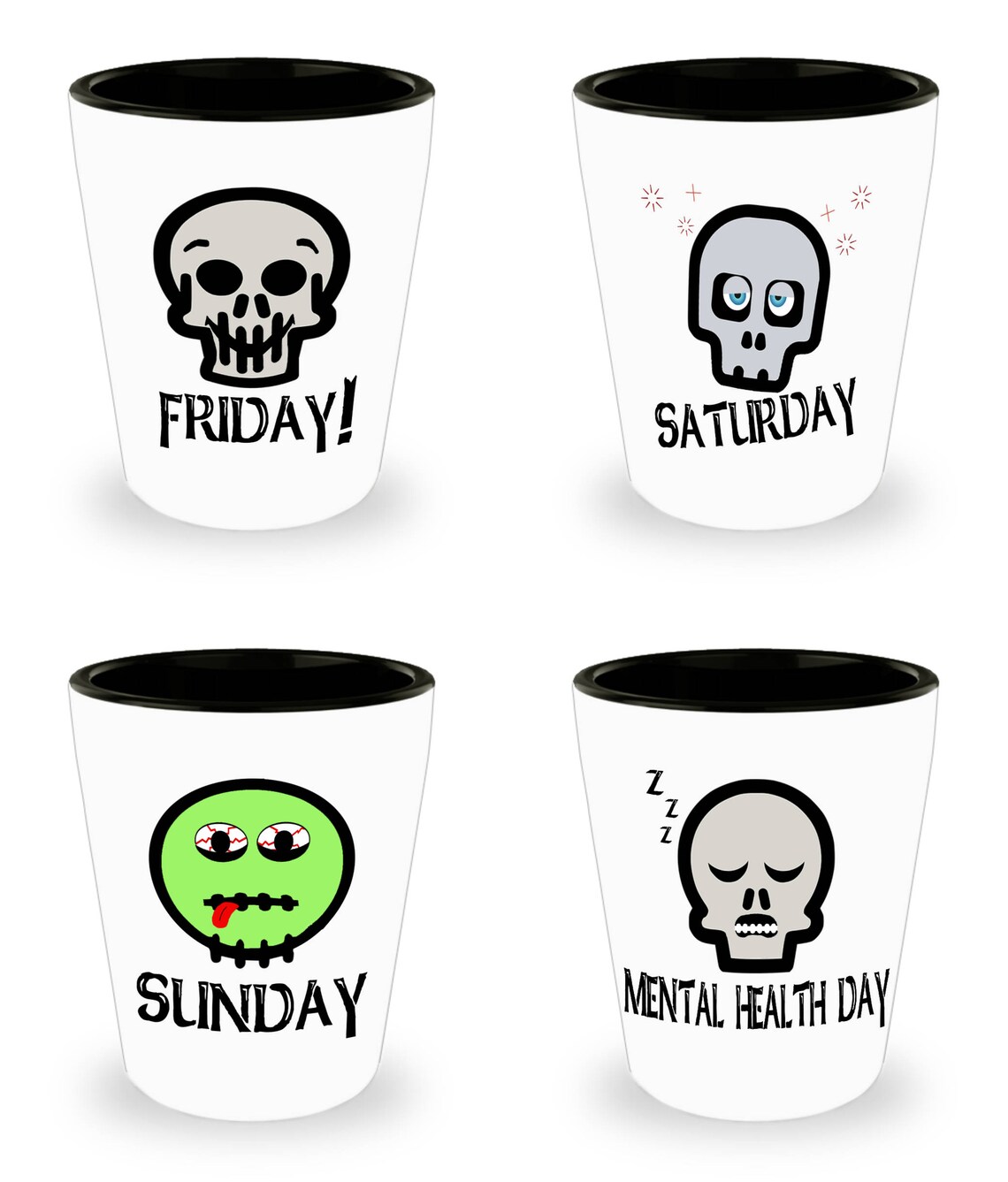 Shot Glasses SKULLS Days of the Week Monday to Thursday or Friday to ...