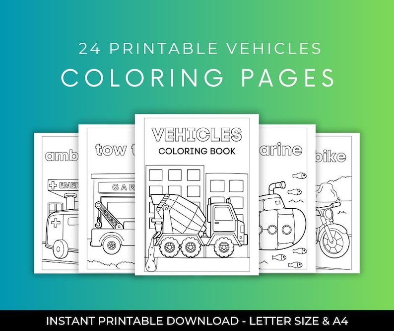 Printable Vehicles Coloring Book for Kids | 24 Pages | Cars, Trucks ...