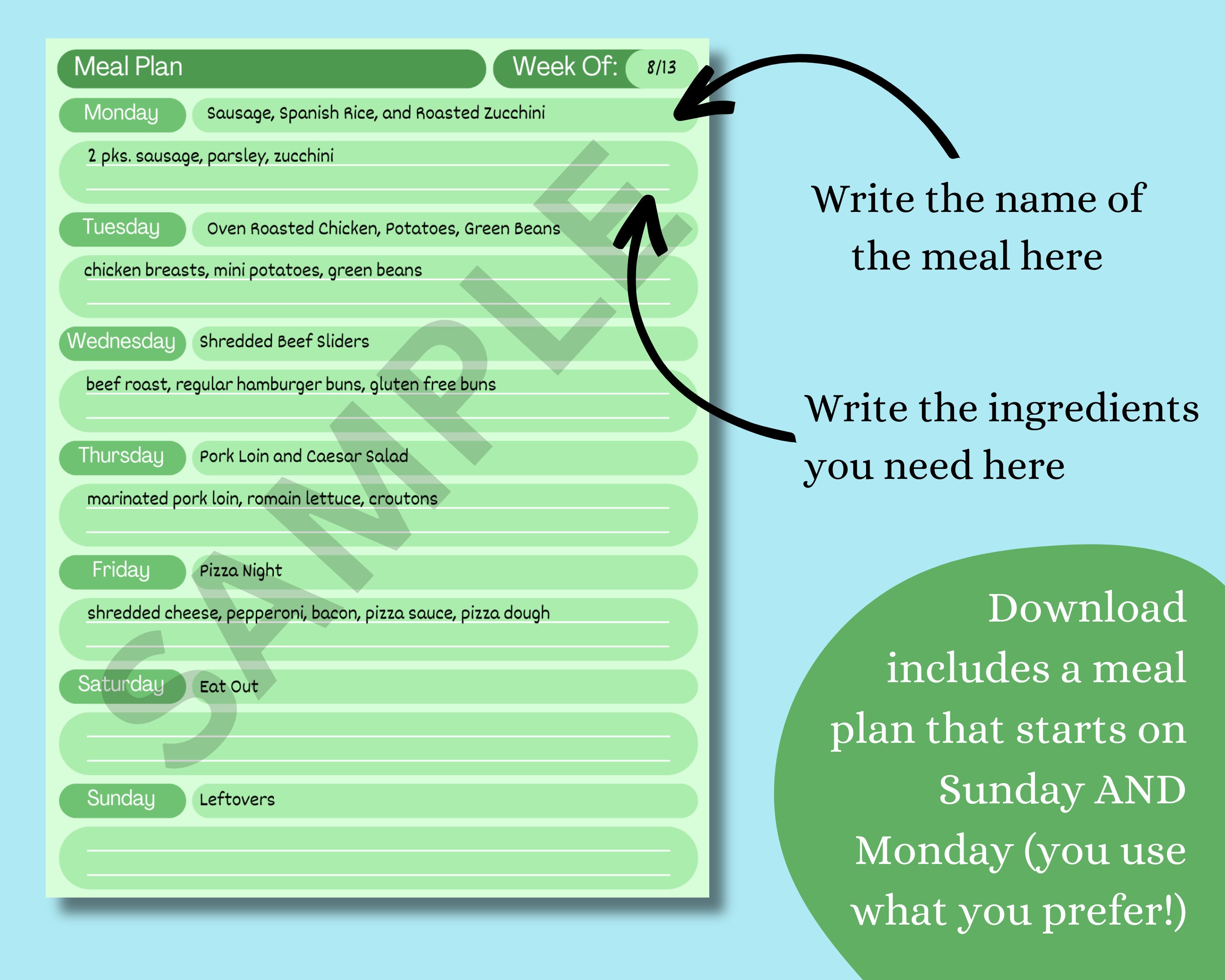 Printable Grocery List and Meal Planner 8.5 X11 Inch - Etsy