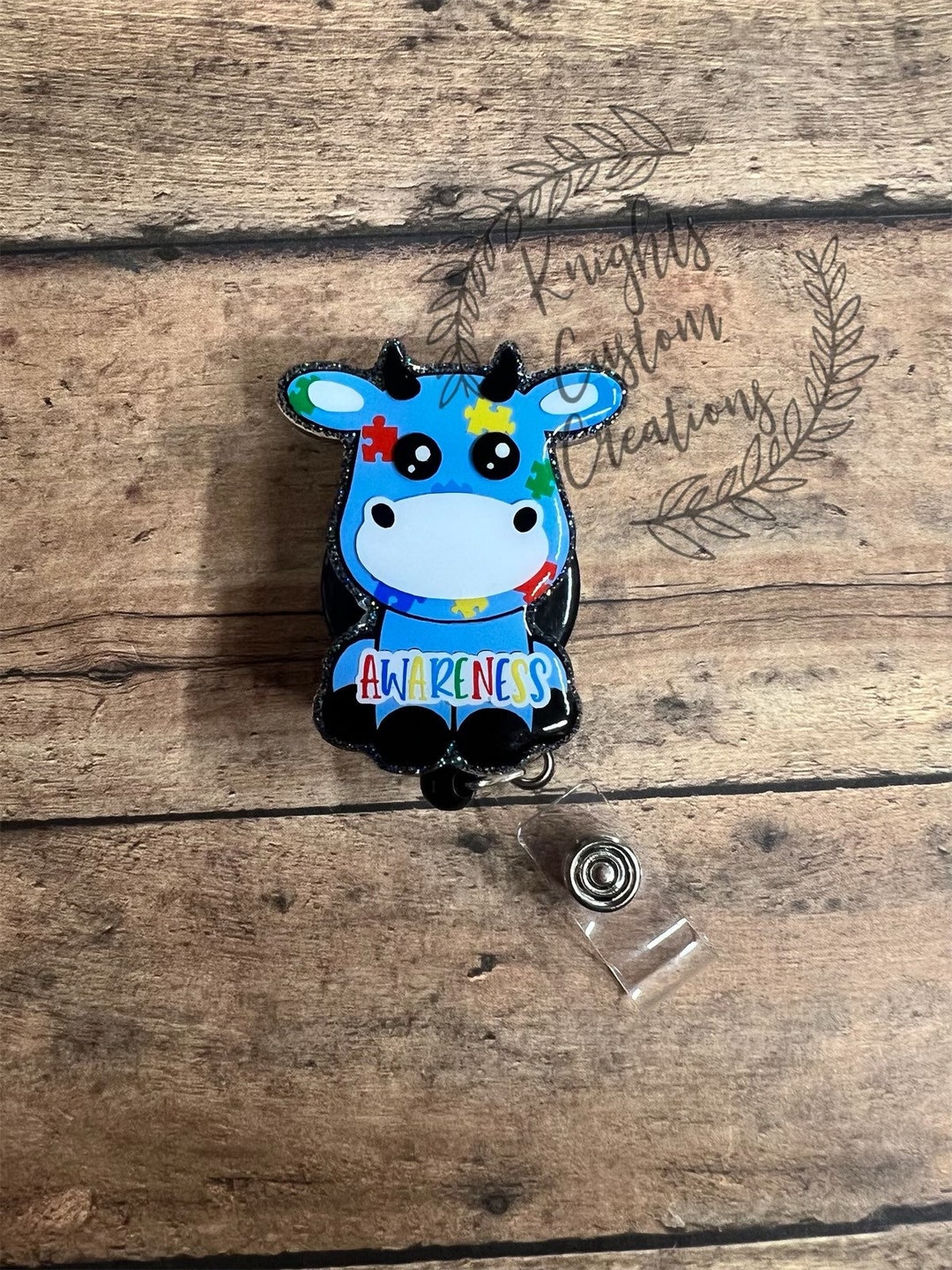 Autism Awareness Cow Badge Reel, ID Holder, Retractable Badge Reel ...