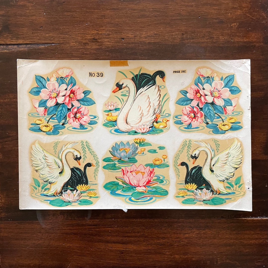 Swans Flowers Water Slide Decals C.1950s, Vintage Kitchen Garden Pond ...