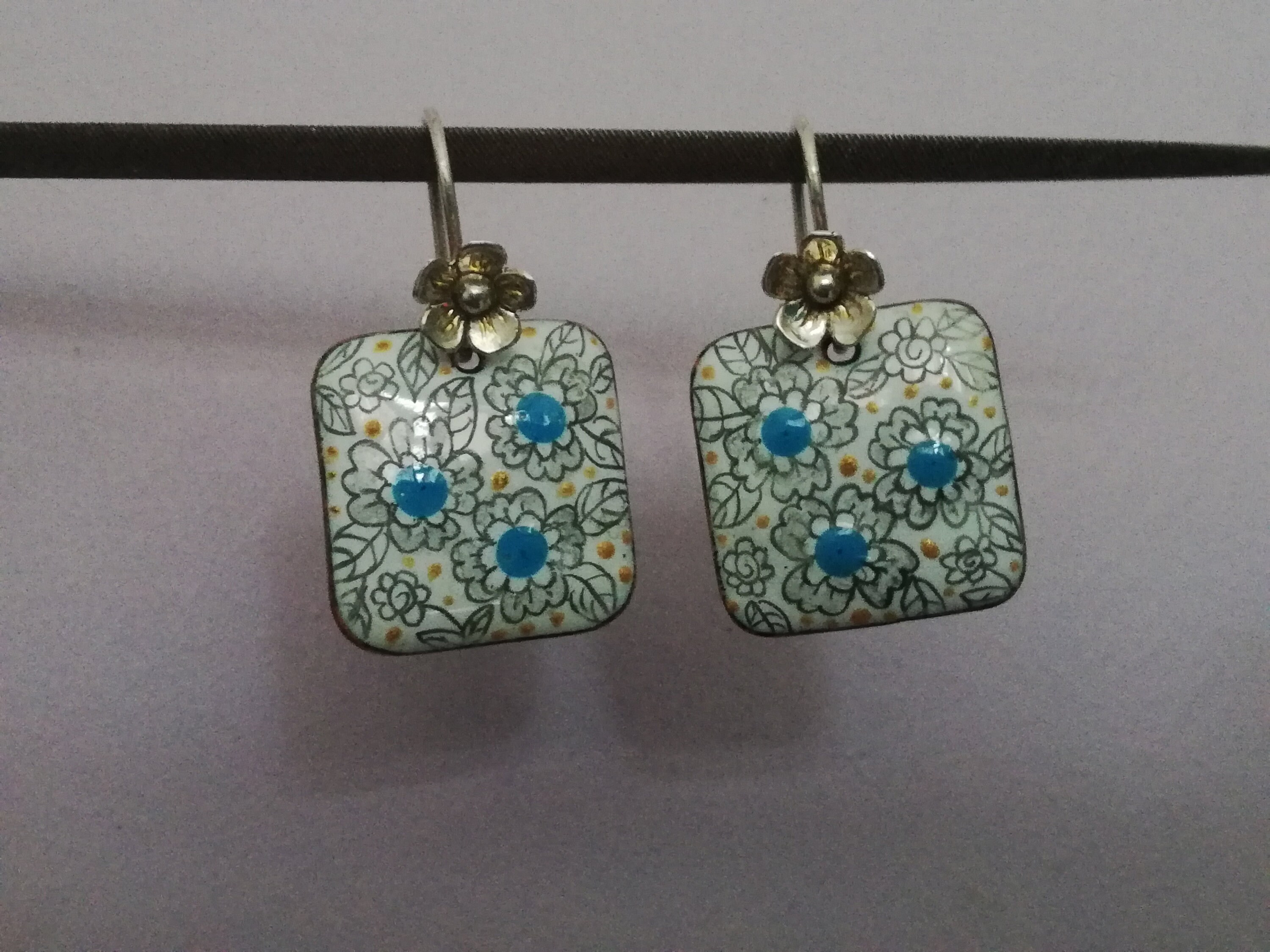 Black and White Vitreous Enamel Graphite Earrings With Blue Seed Beads ...