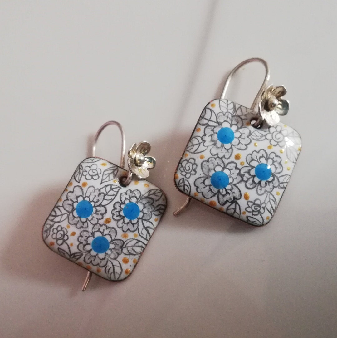 Black and White Vitreous Enamel Graphite Earrings With Blue Seed Beads ...