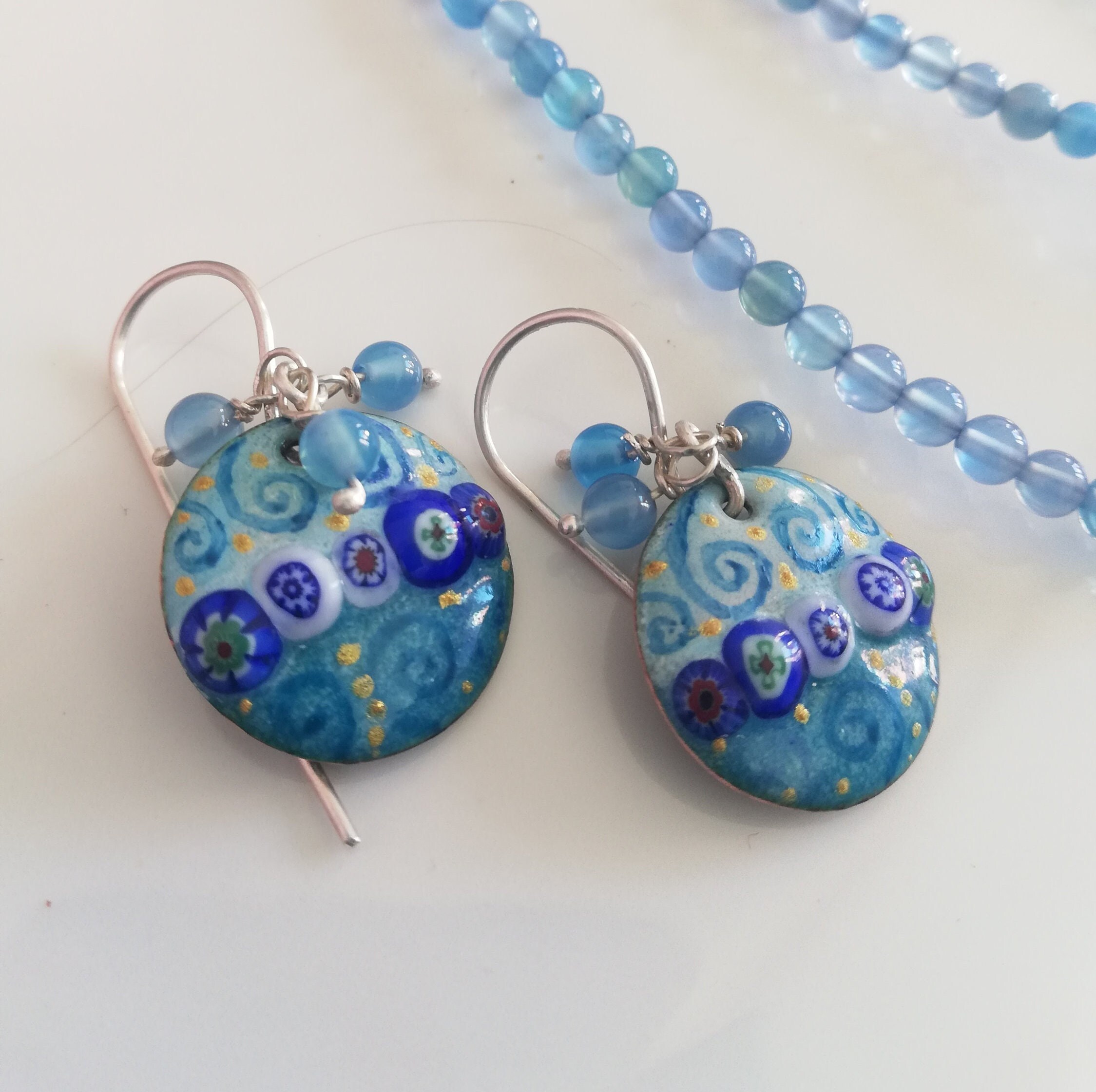 Handmade Original Enamel on Copper Dangle Drop Earrings With Blue Agate ...