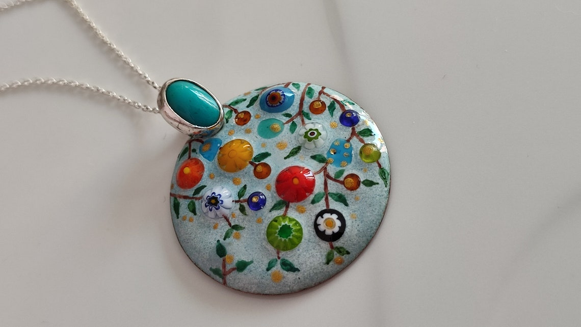 Handmade Original Enamel on Copper Pendant With Turquoise - Etsy