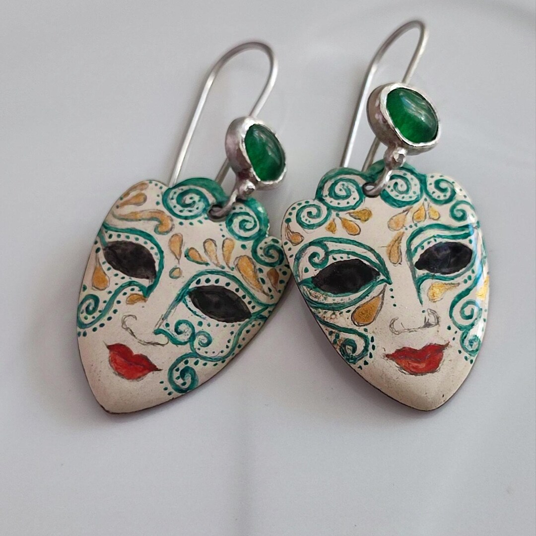 Painting on Enamel Venetian Mask Earrings With Green Agate, Enamel on ...