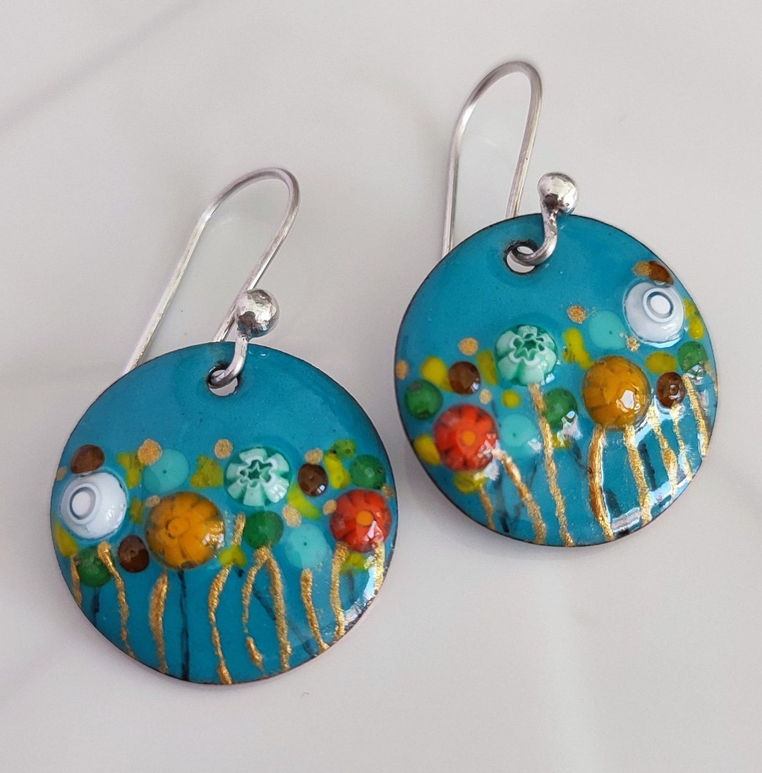 Handmade Original Enamel on Copper Dangle Drop Earrings, Vitreous ...
