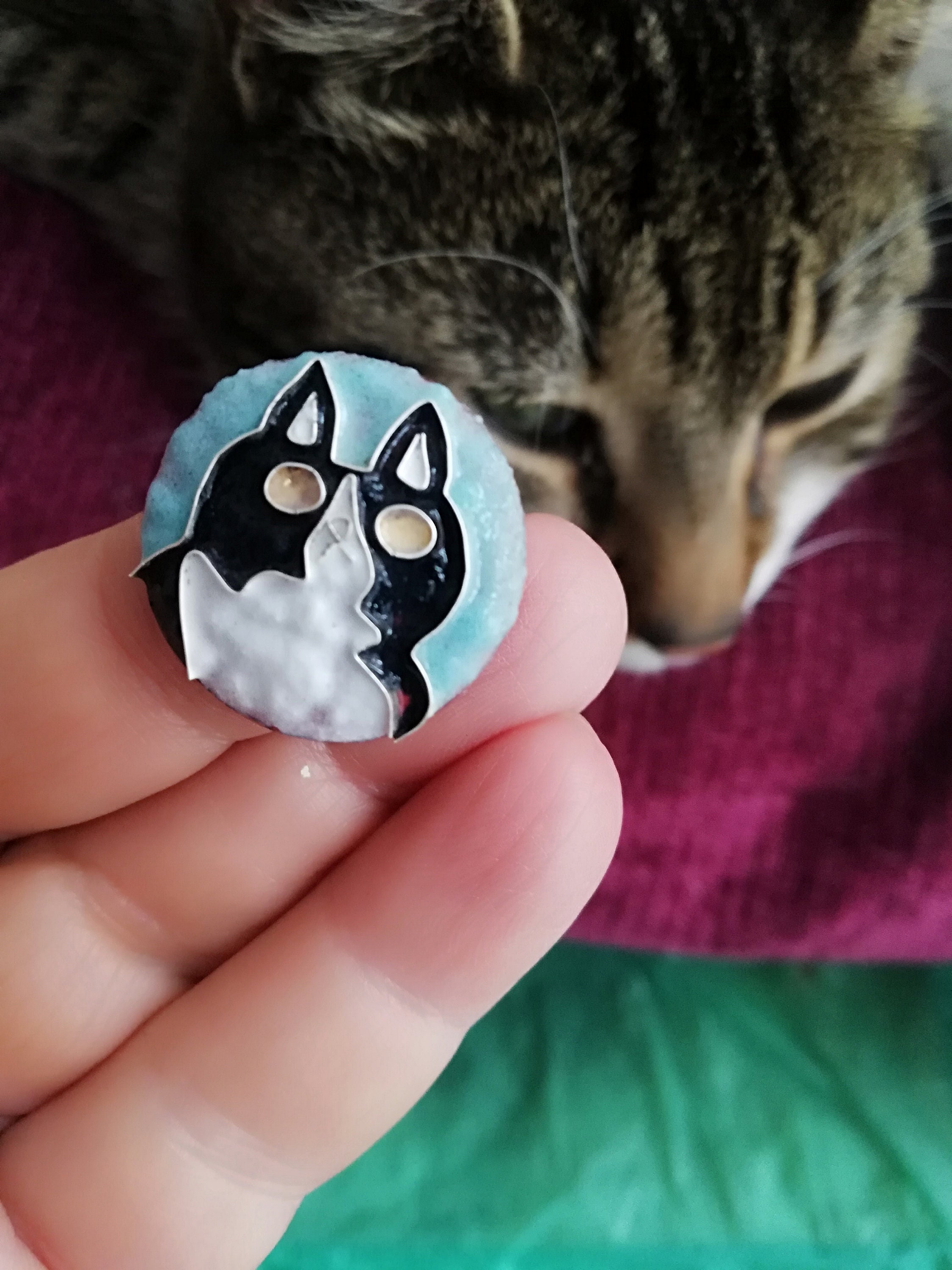 Vitreous Cloisonne Enamel Cat and Bird Brooch Pendant, Wearable Art ...