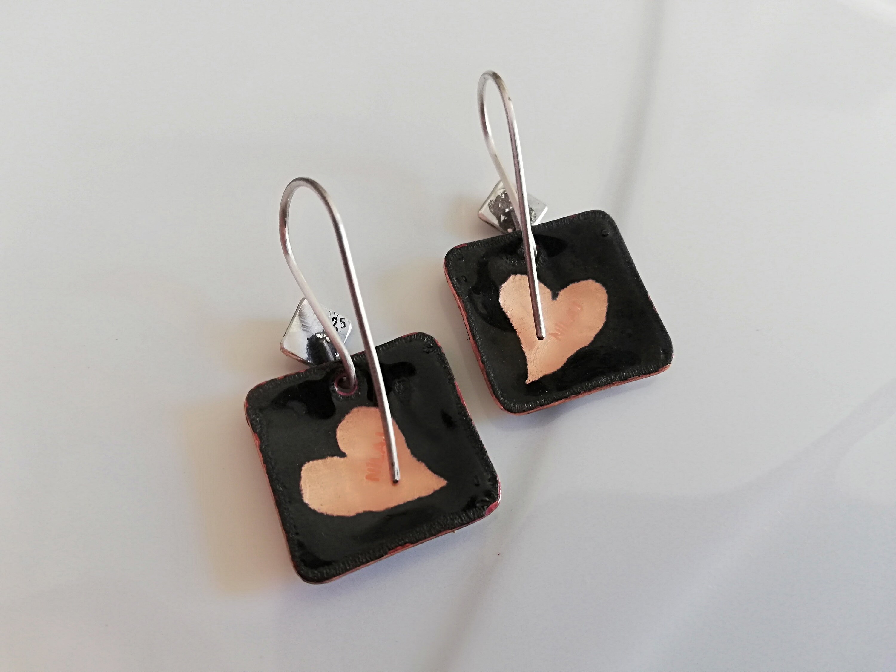 Black and White Vitreous Enamel Graphite Earrings With Orange - Etsy