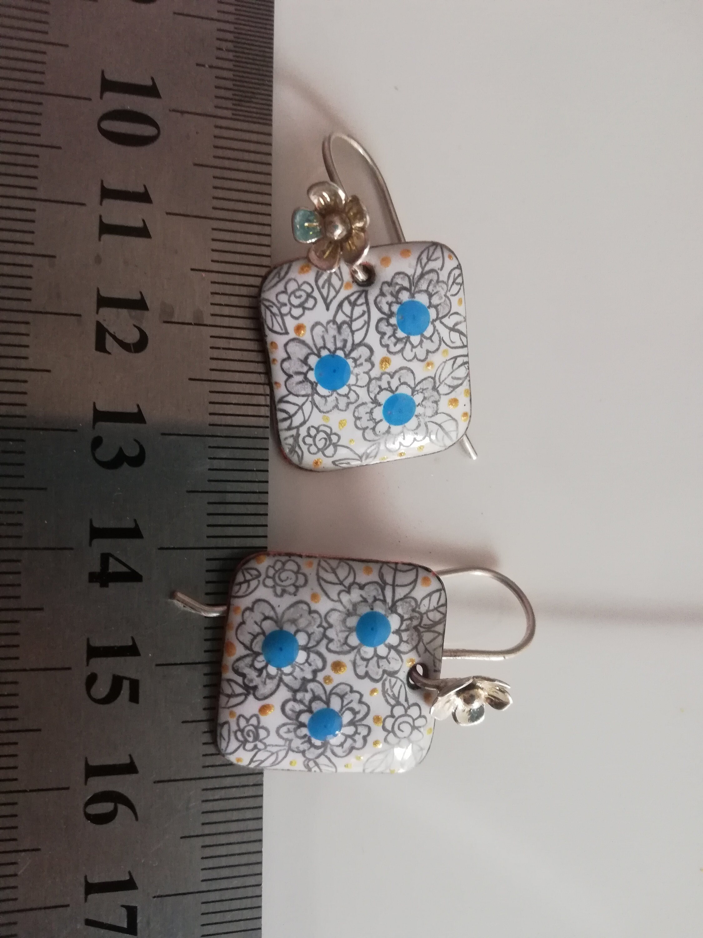 Black and White Vitreous Enamel Graphite Earrings With Blue Seed Beads ...