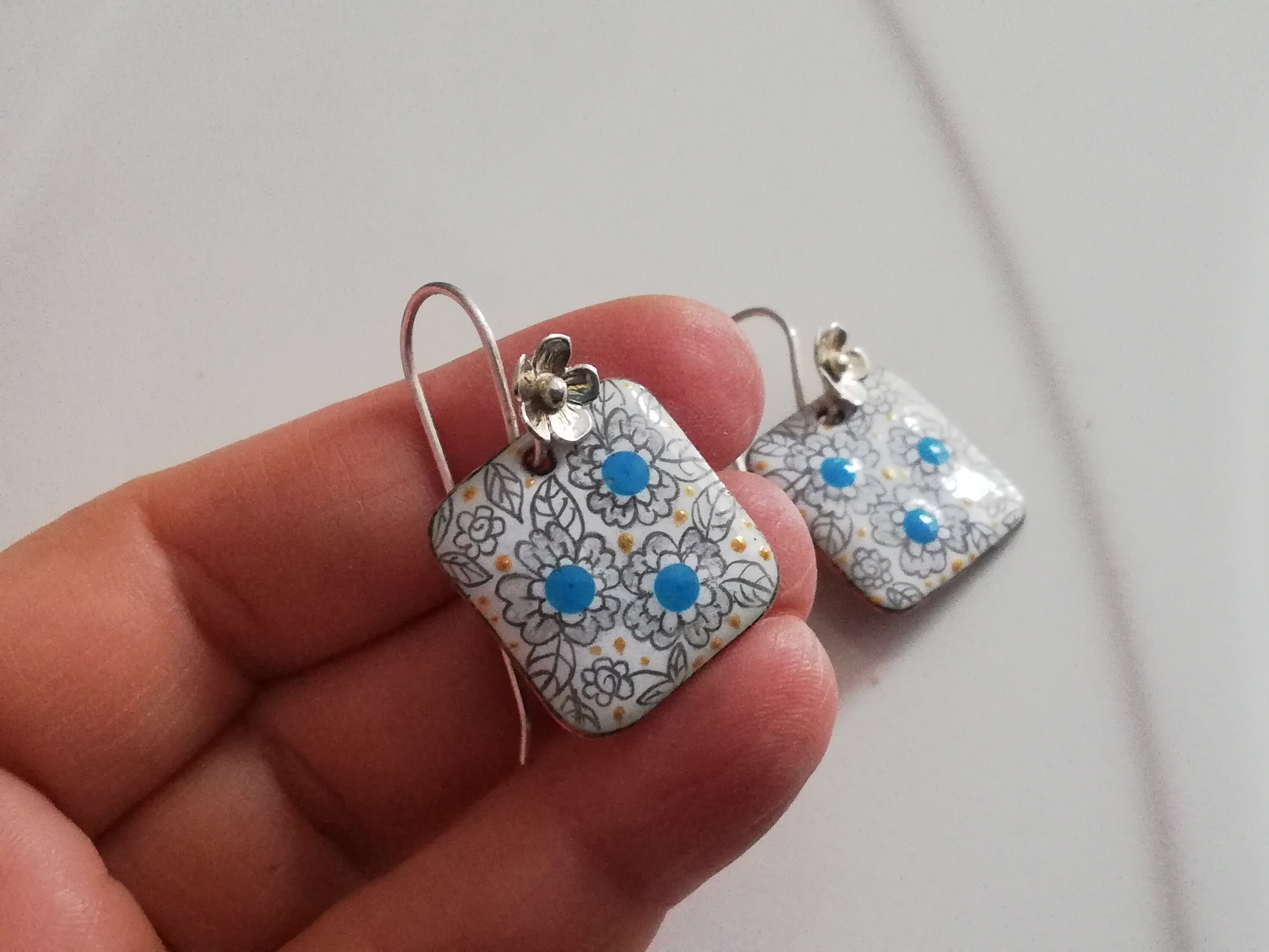 Black and White Vitreous Enamel Graphite Earrings With Blue Seed Beads ...