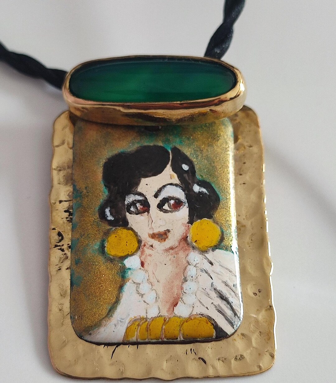 Painting on Enamel Pendant With Oval Green Agate Gemstone, Hand Forged ...