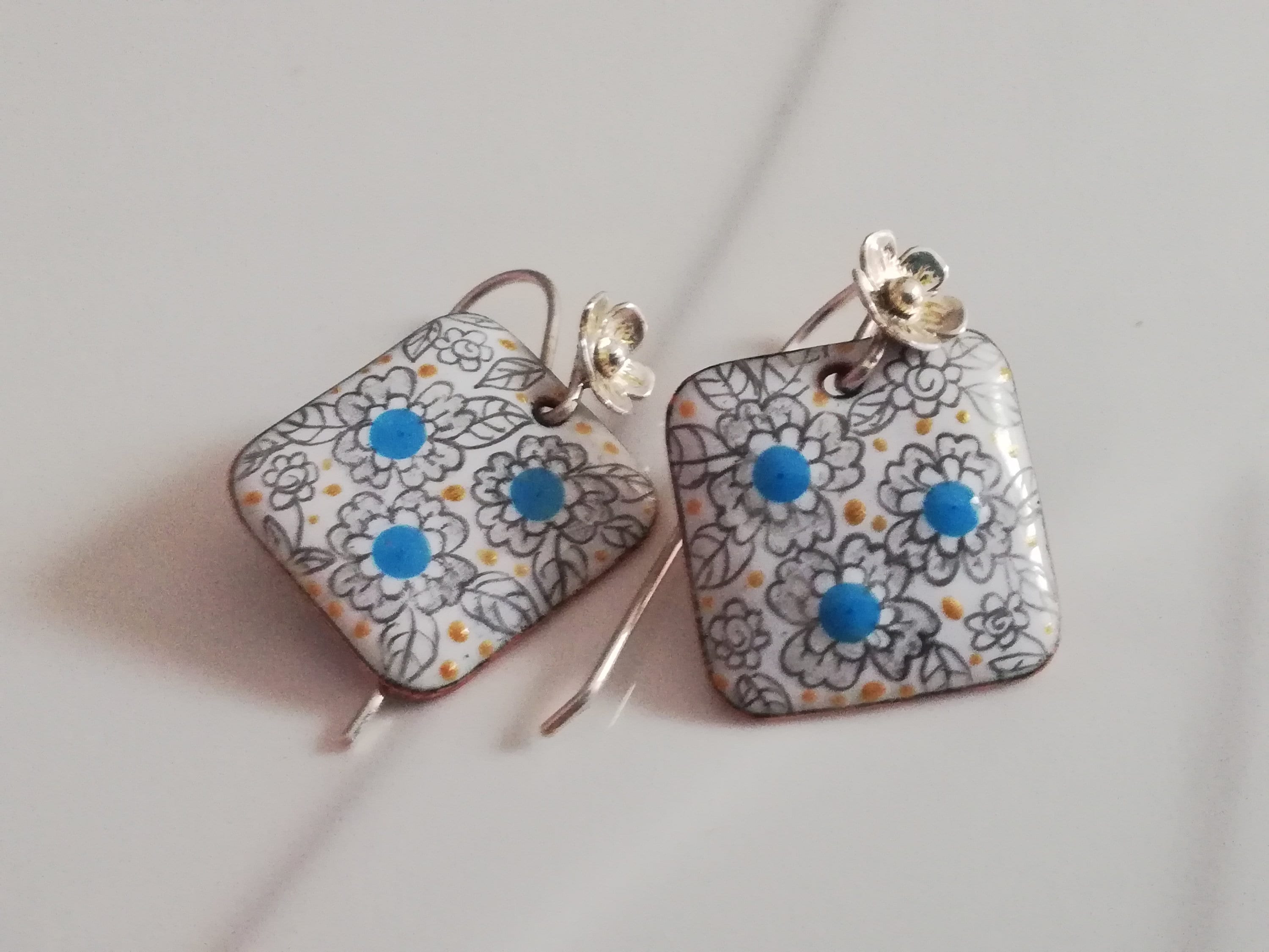 Black and White Vitreous Enamel Graphite Earrings With Blue Seed Beads ...