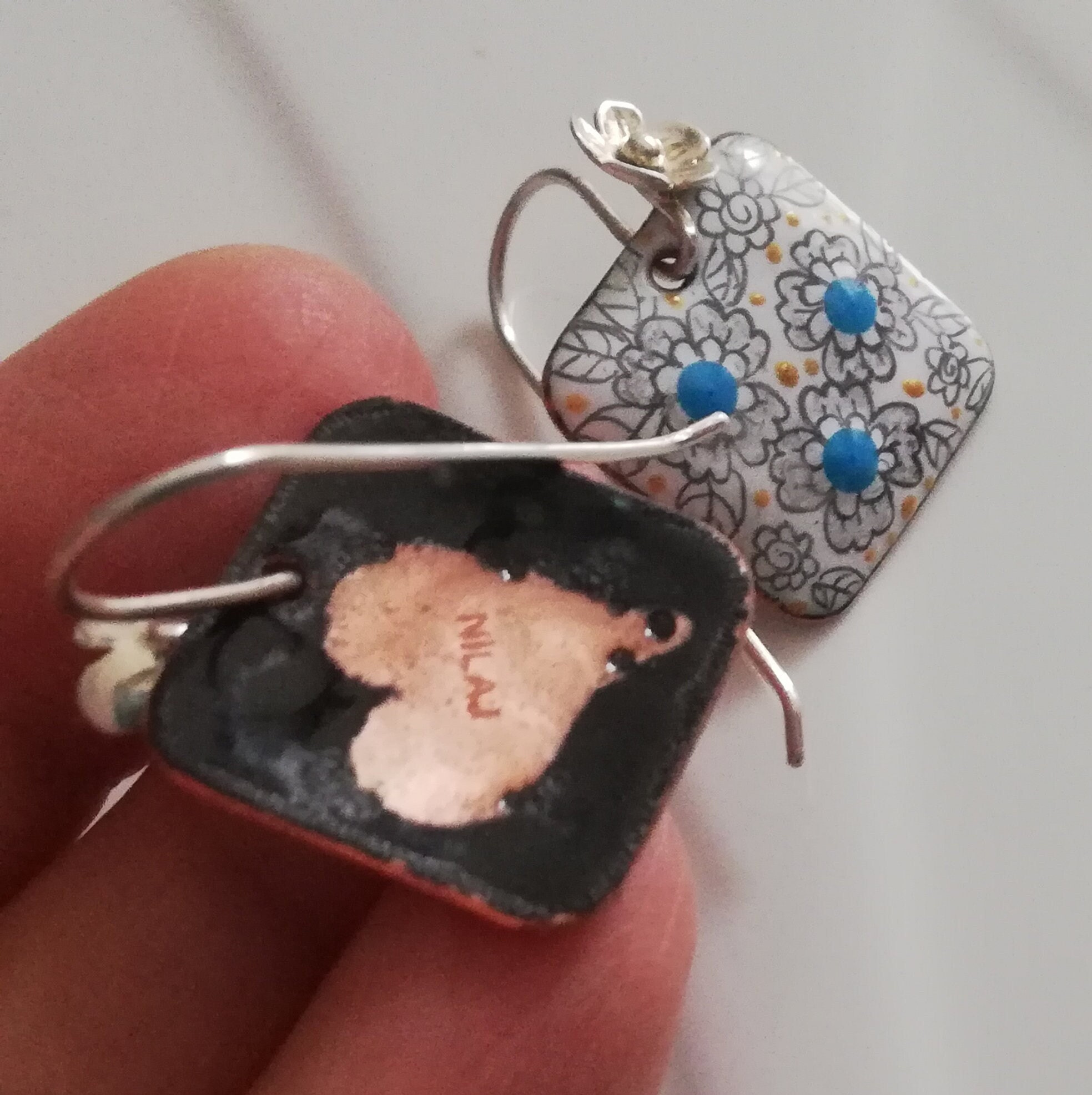 Black and White Vitreous Enamel Graphite Earrings With Blue Seed Beads ...