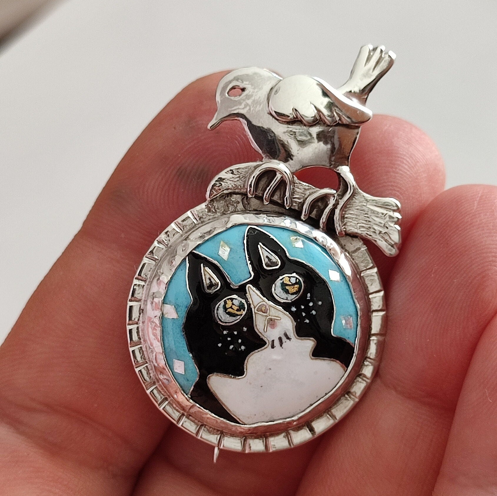 Vitreous Cloisonne Enamel Cat and Bird Brooch Pendant, Wearable Art ...