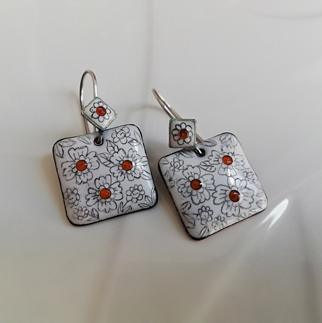 Black and White Vitreous Enamel Graphite Earrings With Orange - Etsy