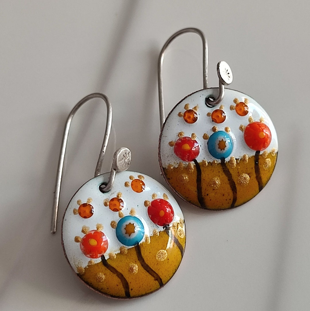 Handmade Original Enamel on Copper Yellow Dangle Drop Earrings ...