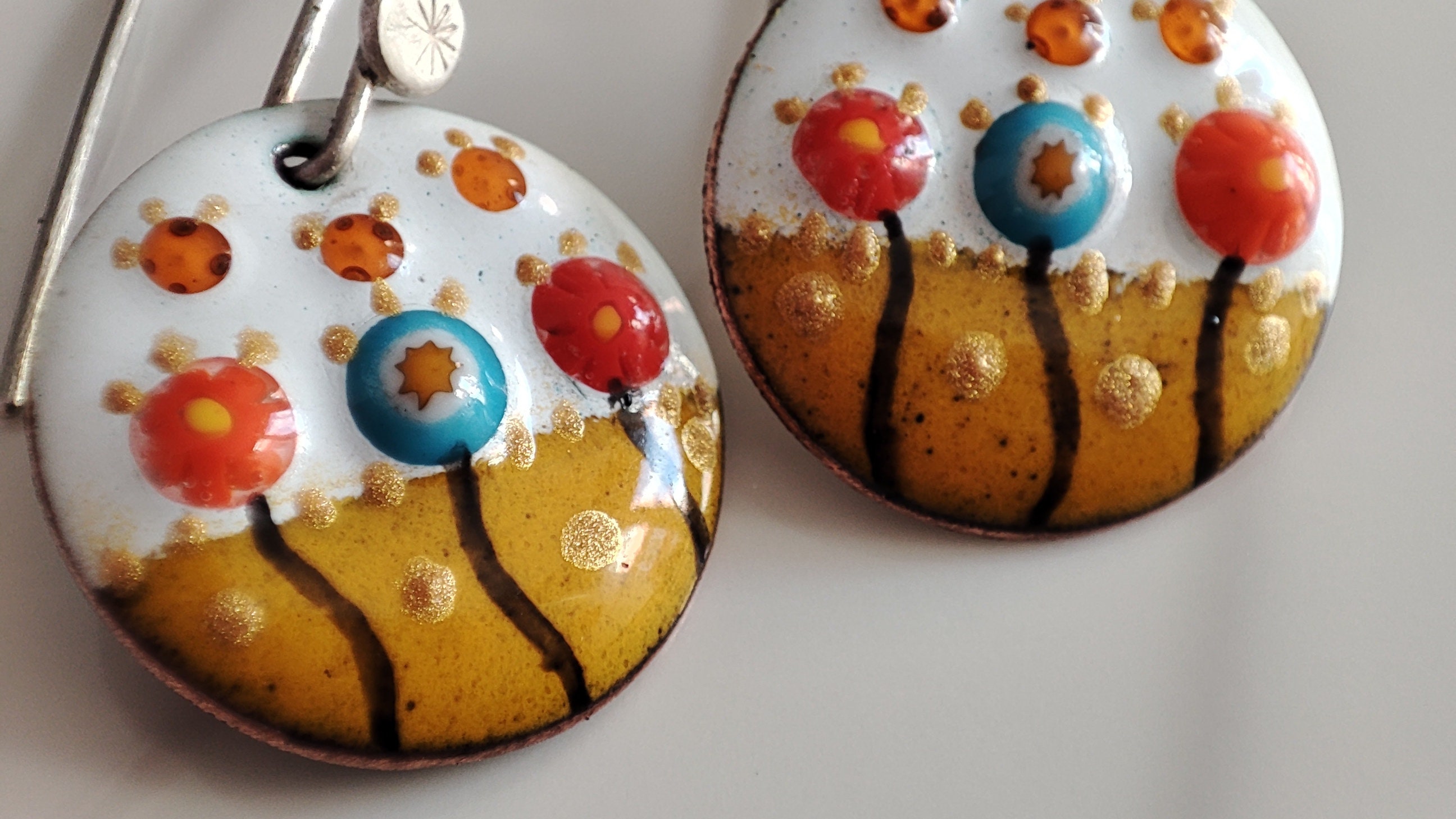 Handmade Original Enamel on Copper Yellow Dangle Drop Earrings ...