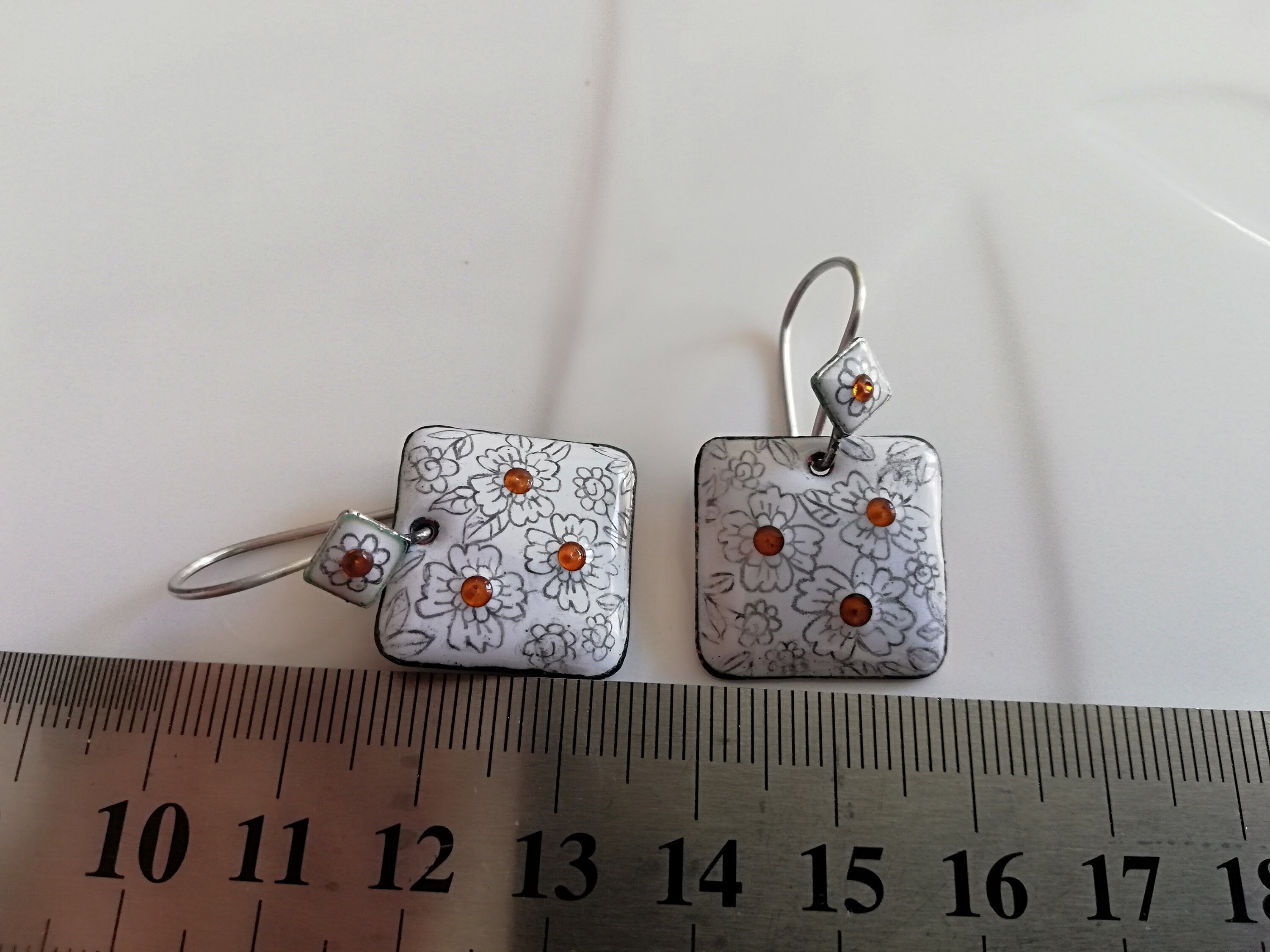 Black and White Vitreous Enamel Graphite Earrings With Orange - Etsy