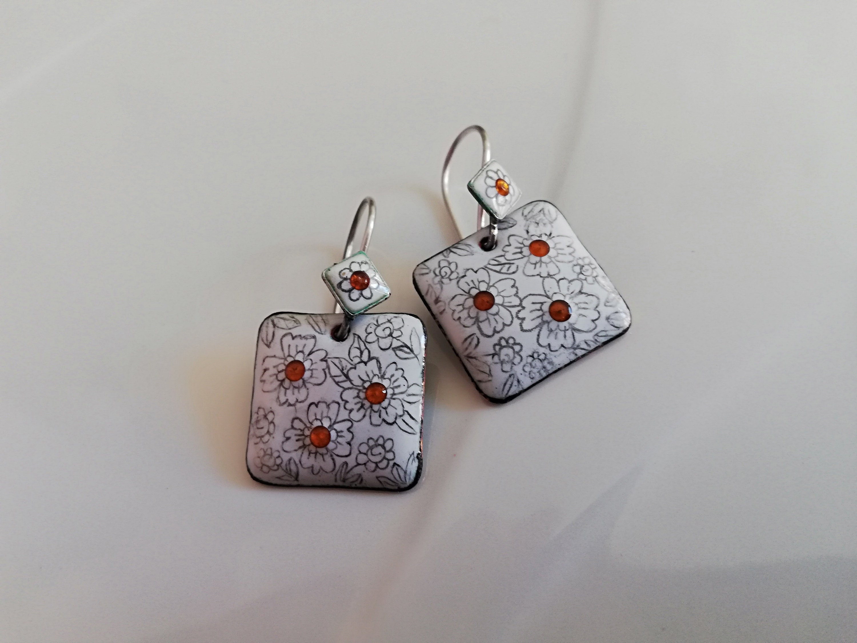 Black and White Vitreous Enamel Graphite Earrings With Orange - Etsy
