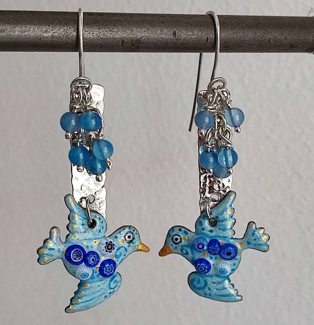 Vitreous Enamel Bluebird Earrings With Hand Forged Sterling Silver and ...