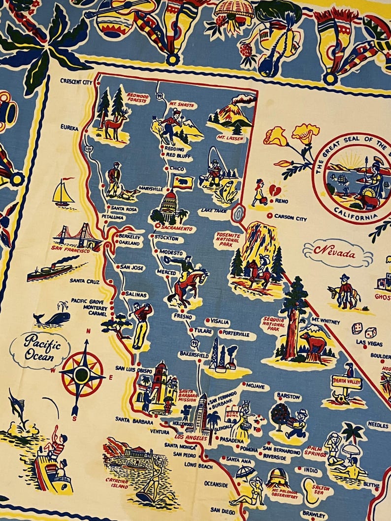 Vintage Souvenir Map of California Tablecloth - Etsy