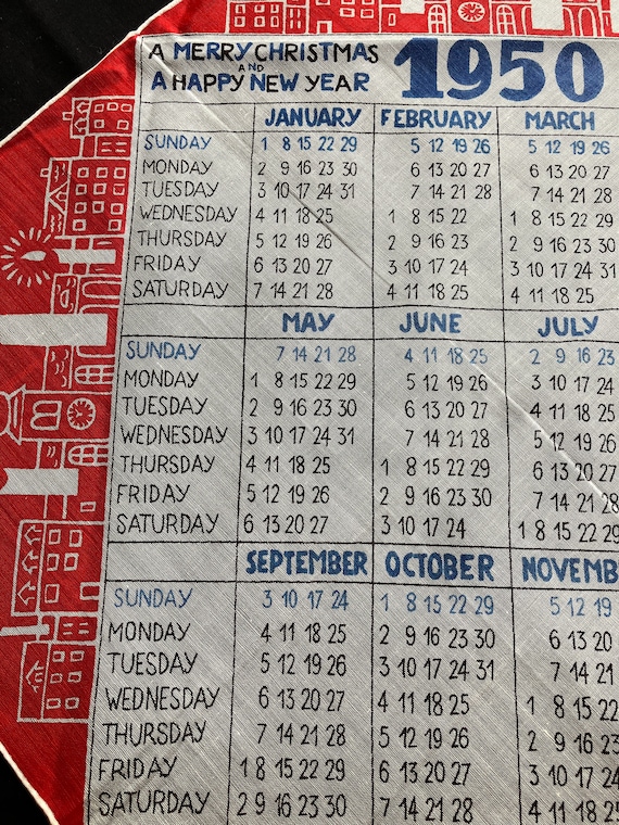 Vintage 1950 Souvenir Calendar Handkerchief - Gem