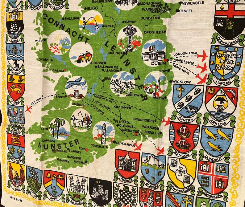Vintage Souvenir Map and Crests of Ireland Towel - Etsy