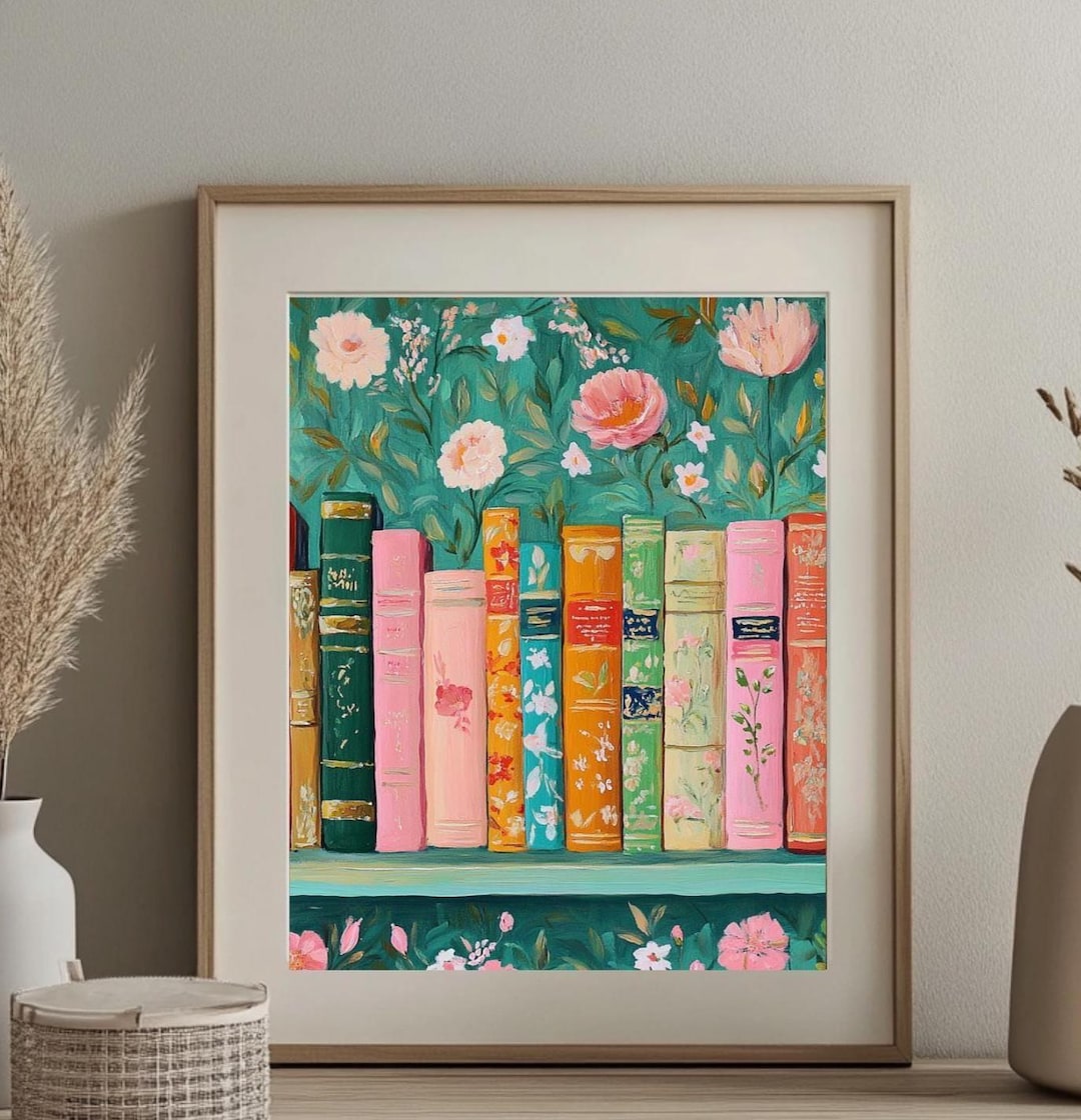 Pastel Book Art Portrait, Downloadable Wall Art, Bookshelf Wall Print ...