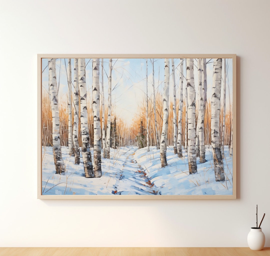 Winter Vintage Landscape Oil Painting, Printable Birch Tree Landscape ...