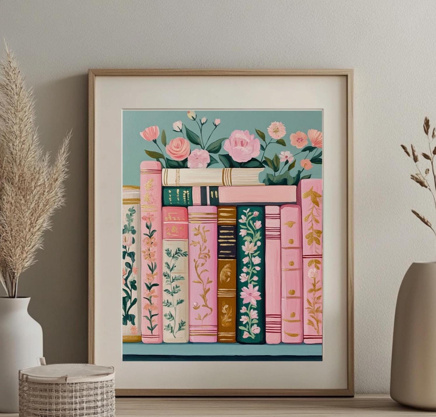 Pastel Book Art Portrait, Downloadable Wall Art, Bookshelf Wall Print ...