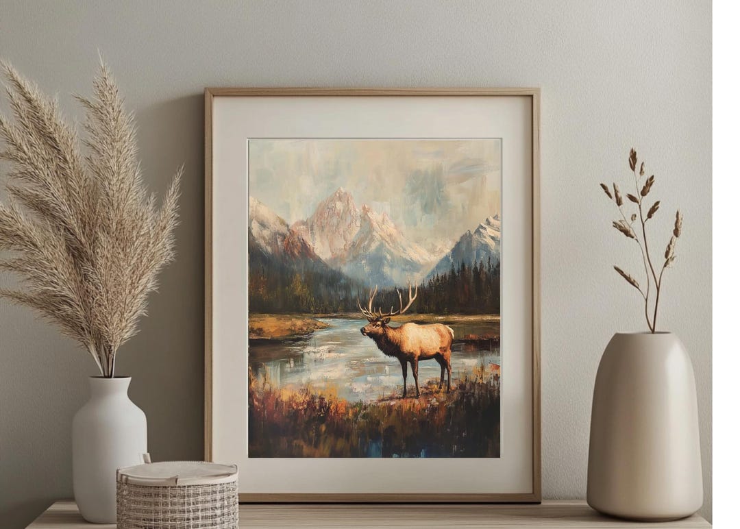 Elk Oil Painting Downloadable Print, Mountain's Artwork, Oil Painting ...