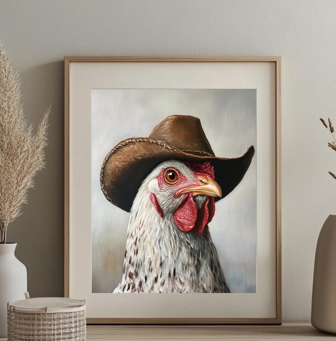 Printable Oil Portrait Painting of Silly Cowboy Chicken, Western ...
