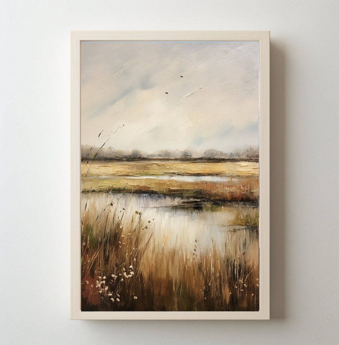 Spring by the Pond Oil Painting, PRINTABLE Grass Field and Pond ...