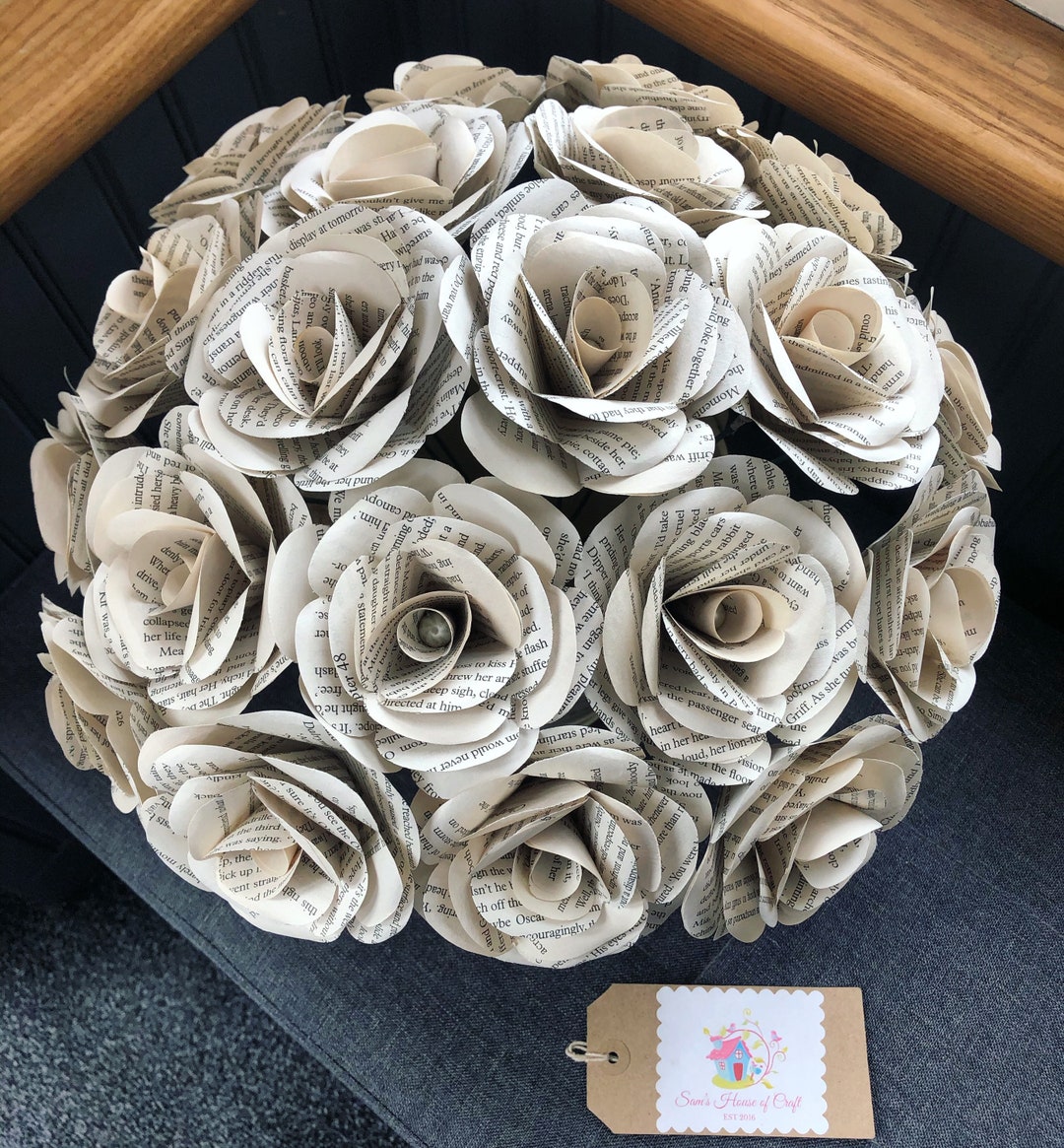 Book Page Rose Bouquet: Handmade Paper Flowers With Display Bucket. 20 ...