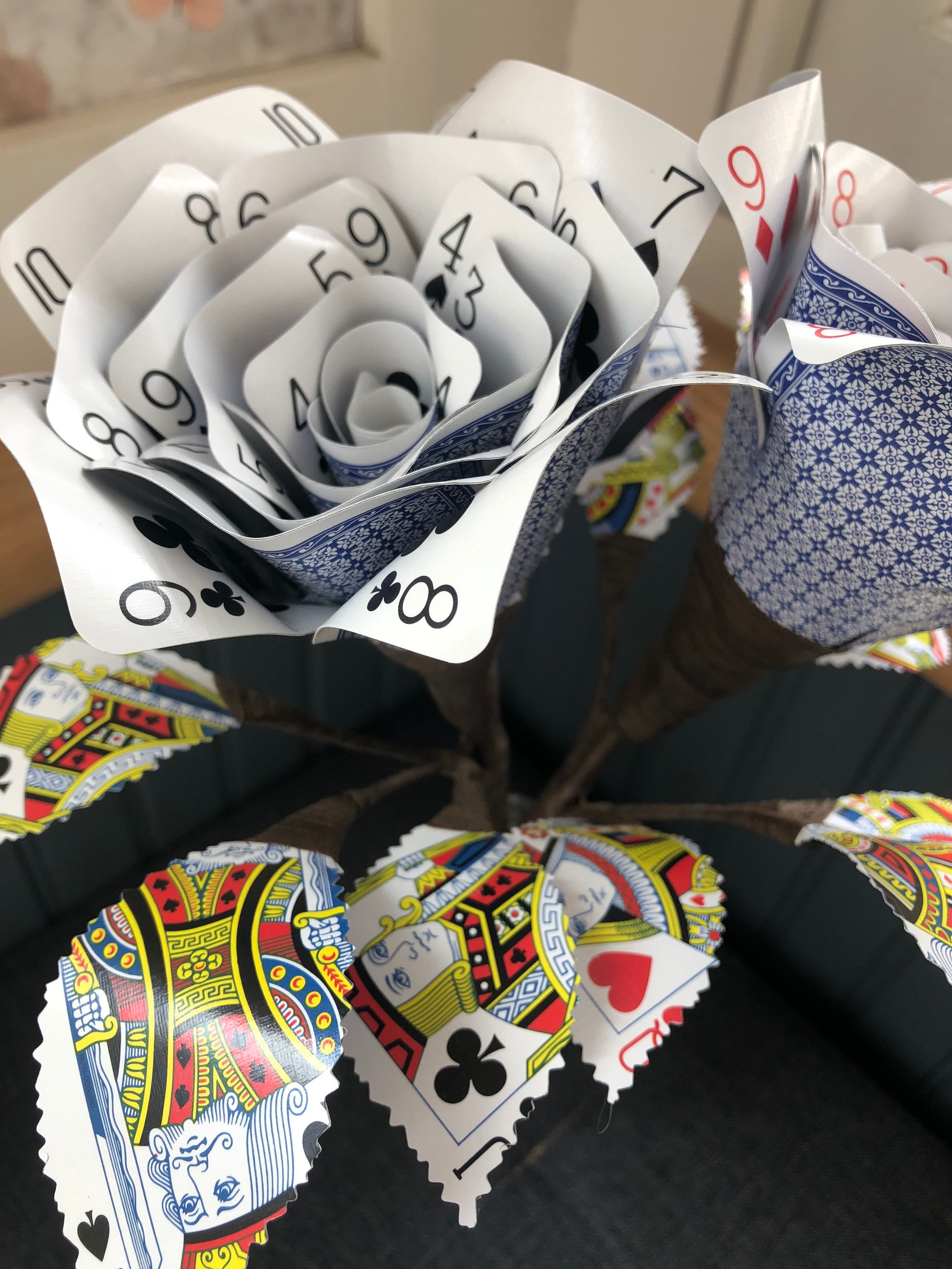 Playing card roses x2 bottle vase blue back cards. Alice in | Etsy