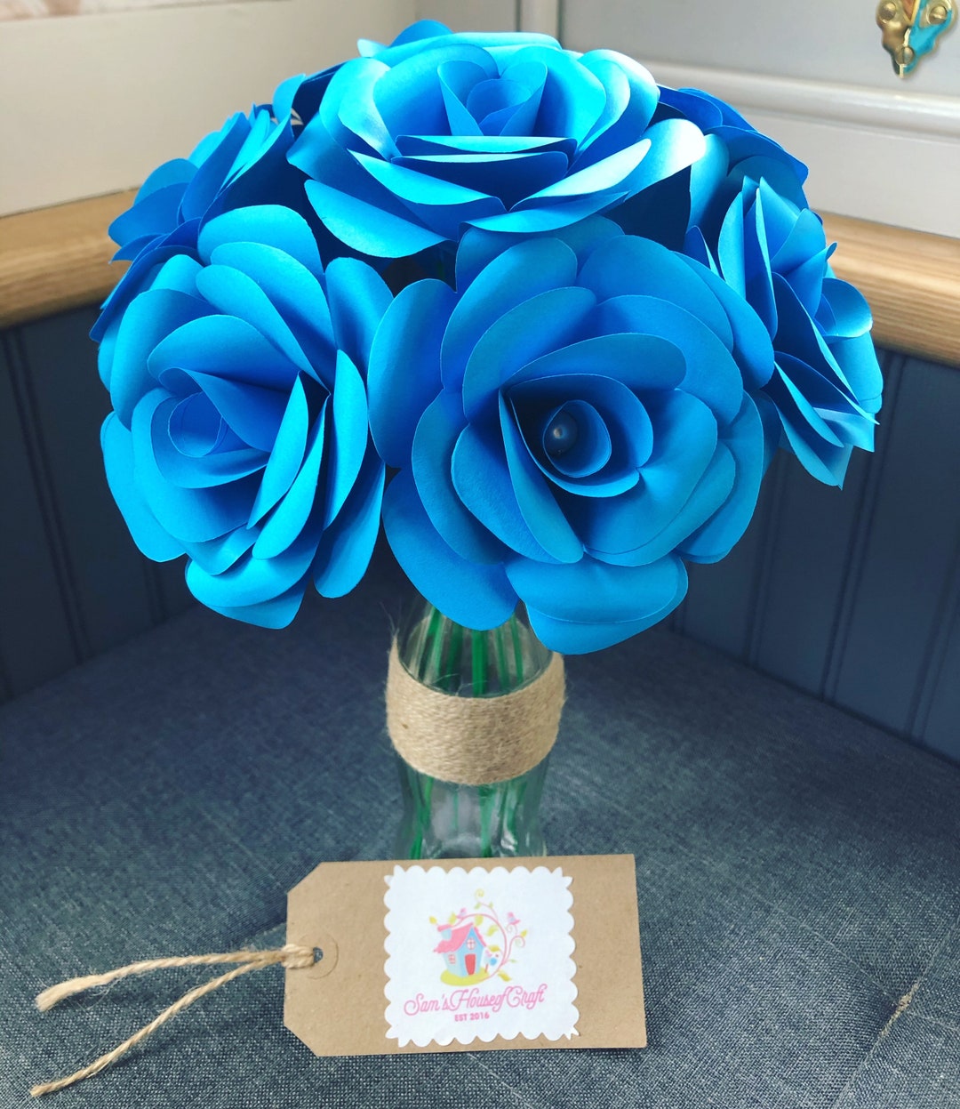 Blue Themed Paper Roses X10 + Bottle Vase, Centerpiece, Gift Ideas ...