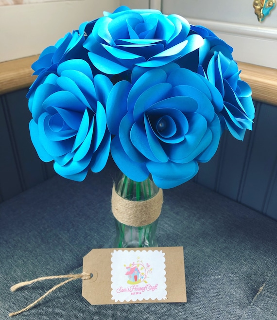 Blue themed Paper Roses x10 bottle vase centerpiece gift | Etsy
