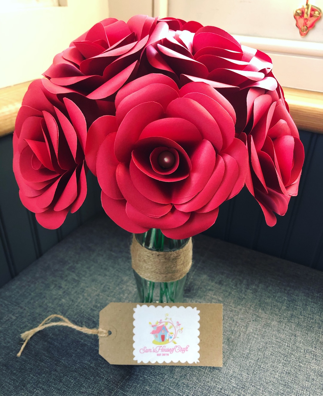 Paper Roses X10 Made From Red Paper + Bottle Vase, Home Decor, Flower ...