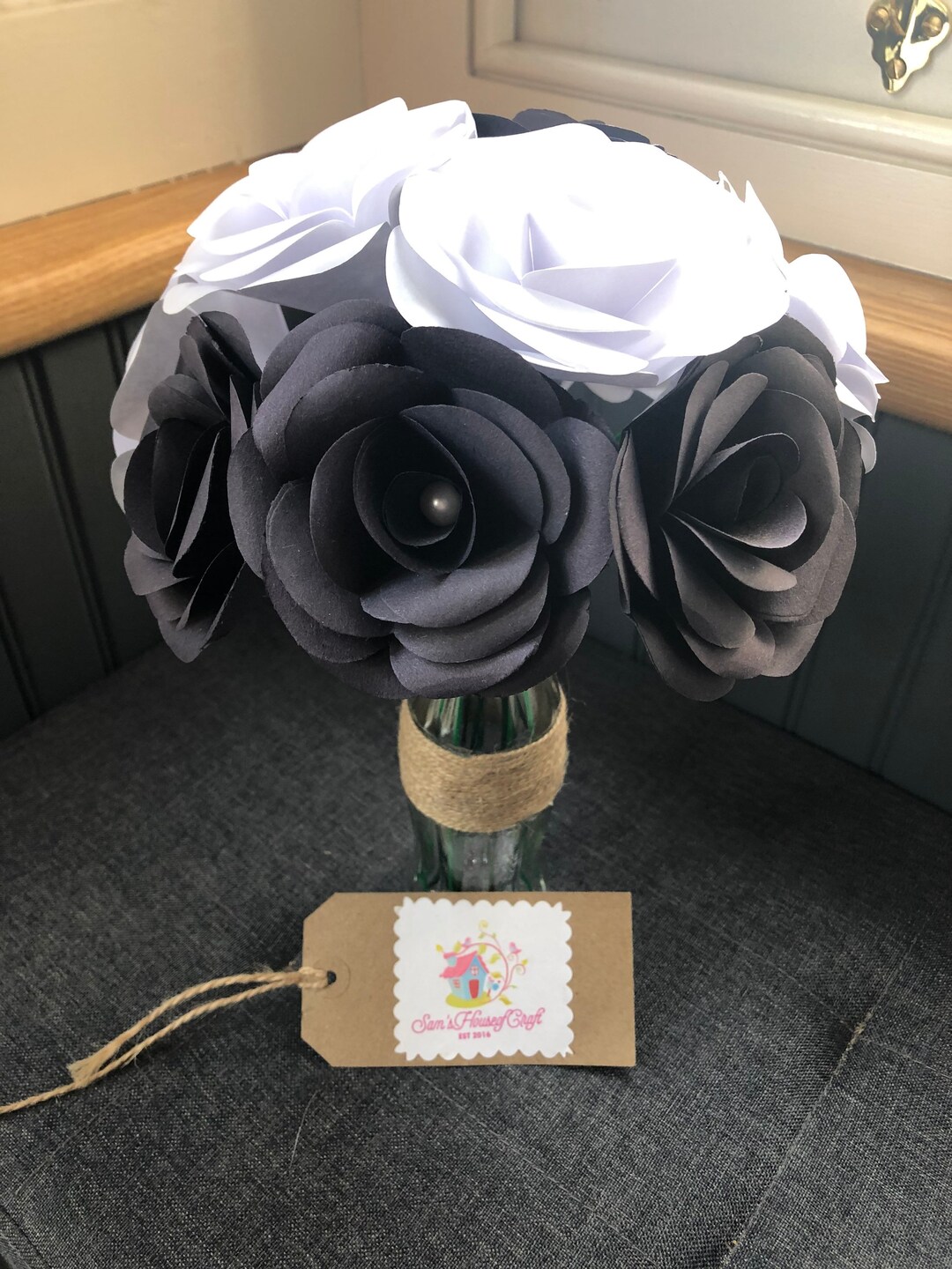 Black & White Paper Rose Bouquet With Bottle Vase - Etsy