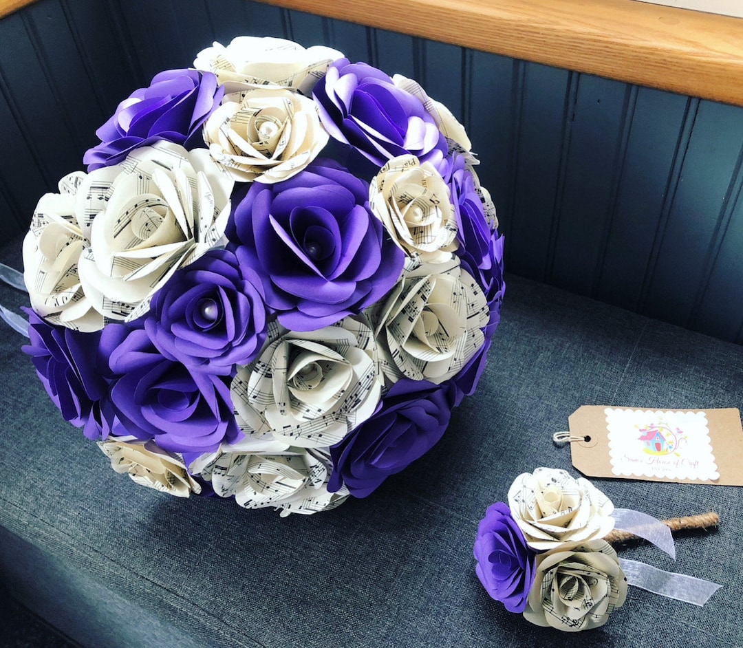 Purple Paper Rose Wedding Bouquet: Book Page, Purple, Silver Theme - Etsy