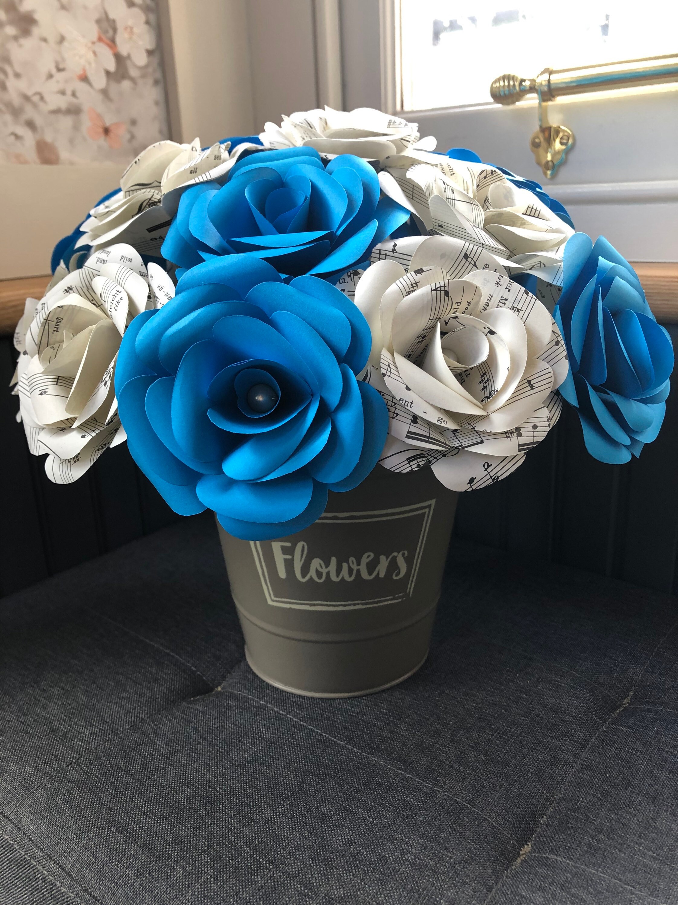 X20 Paper roses blue and sheet music themed Bucket Display | Etsy