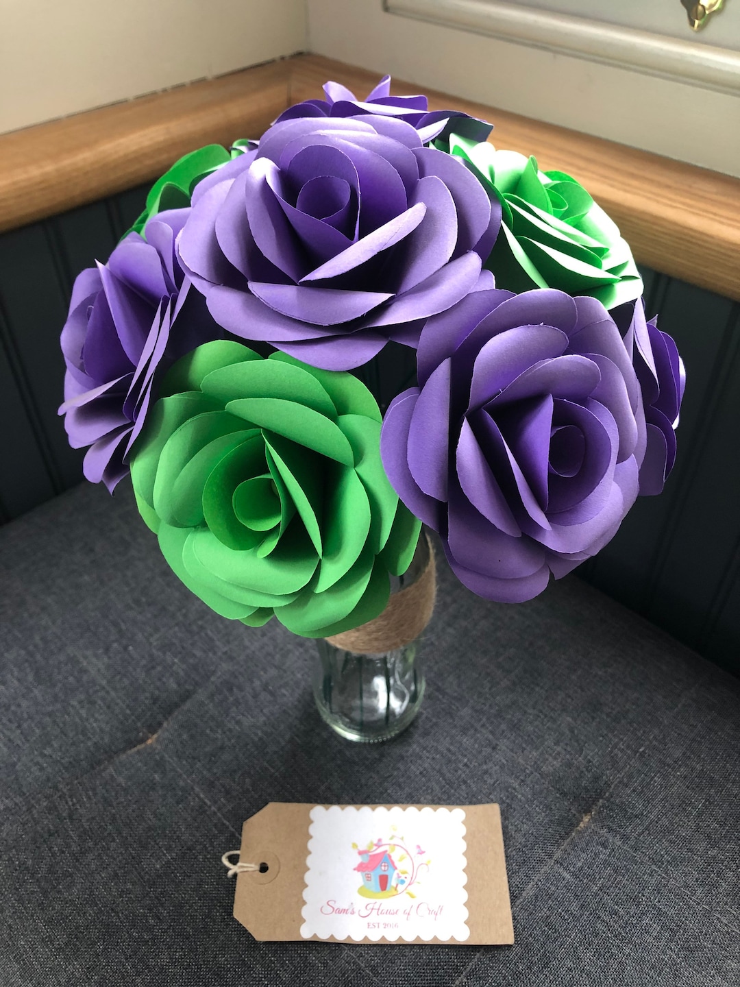 Green & Purple Paper Rose Bouquet With Bottle Vase - Etsy