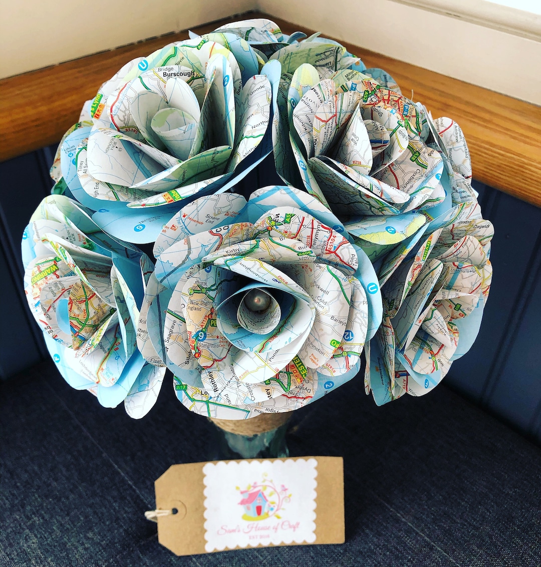 Travel Map Paper Roses Bouquet With Bottle Vase - Etsy