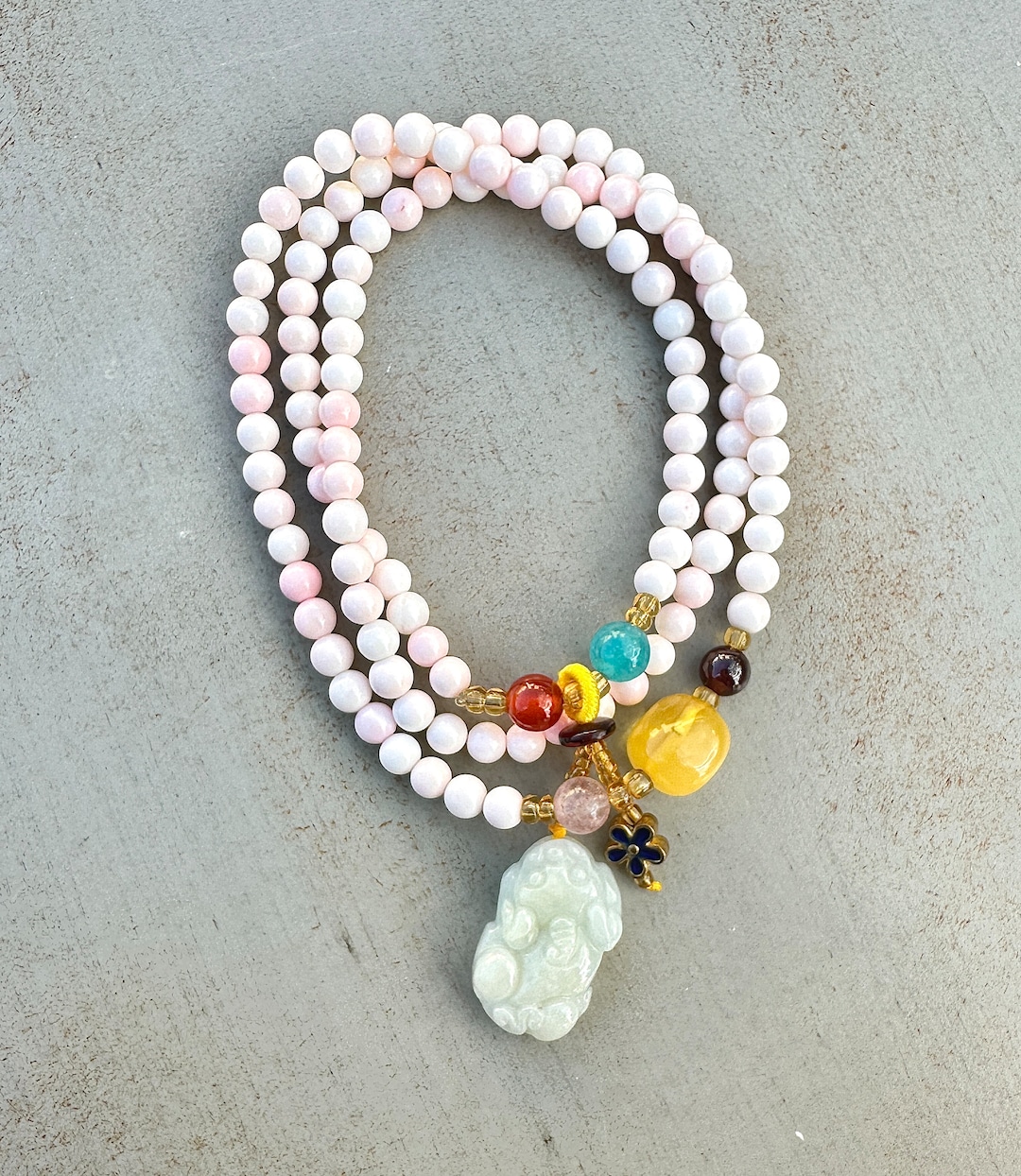 Pink Shell Beaded Bracelet: Burma Jade Pi Xiu Charm, Crystal Healing - Etsy