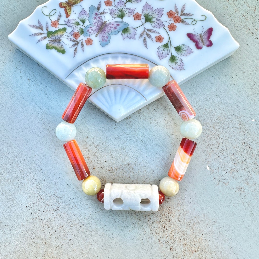 Grade A Burma Jade Barrel Orange Agate Bead Stretch Bracelet ...