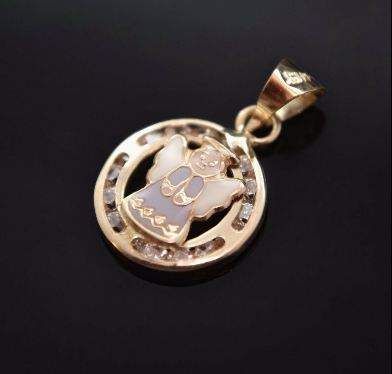 14k Real Gold Guardian Angel Pendant Enamel Charm & Chain - Etsy